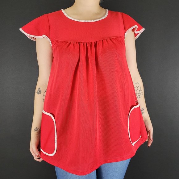 Vintage | Tops | 7s Red With Floral Trim Smock Top | Poshmark
